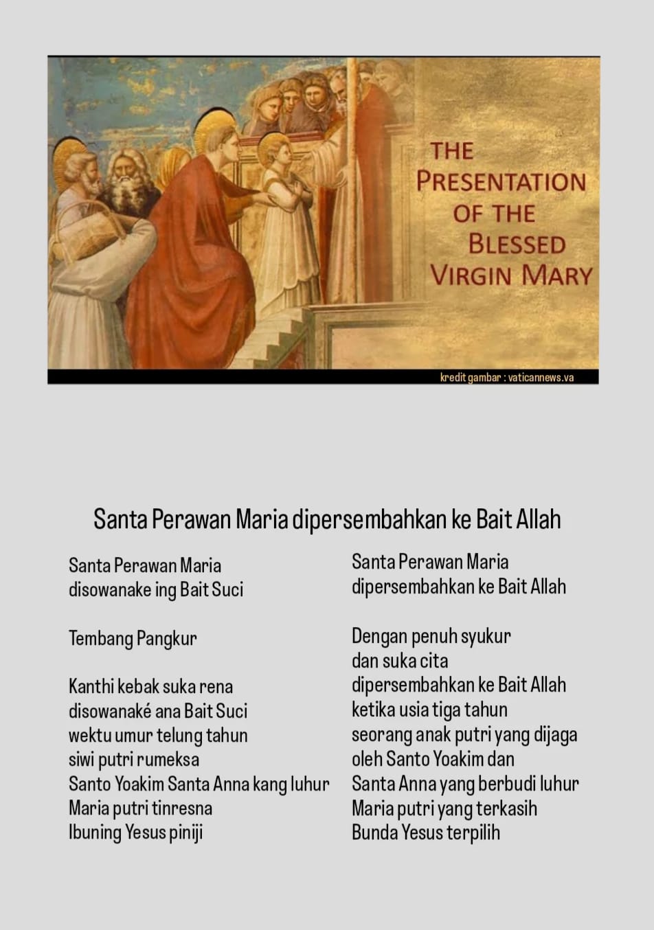 Santa Perawan Maria Dipersembahkan di Bait Allah - SESAWI.NET