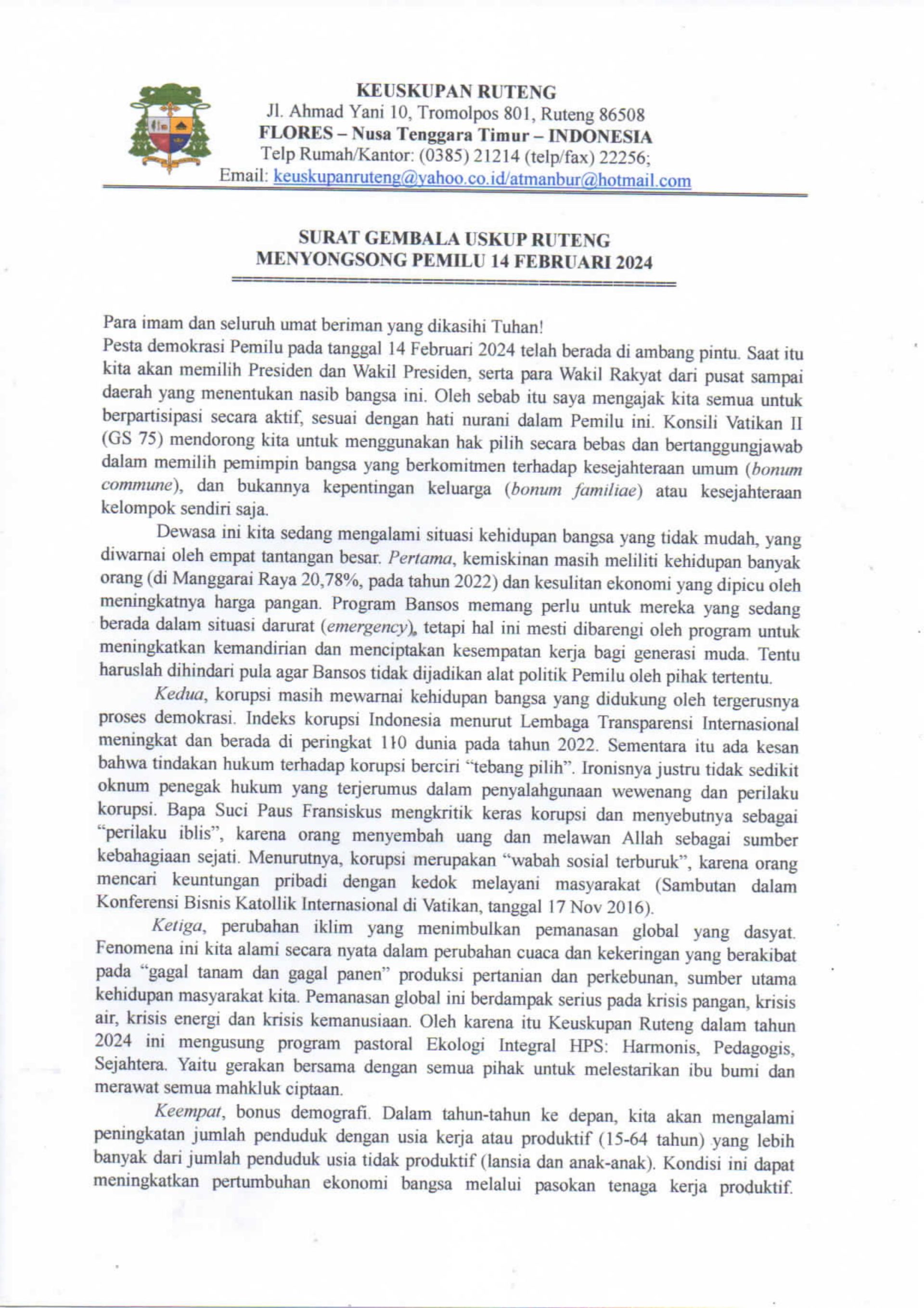 Surat Gembala Uskup Keuskupan Ruteng Sambut Pemilu 2024 - SESAWI.NET Surat Gembala Uskup Keuskupan Ruteng Sambut Pemilu 2024 - SESAWI.NET