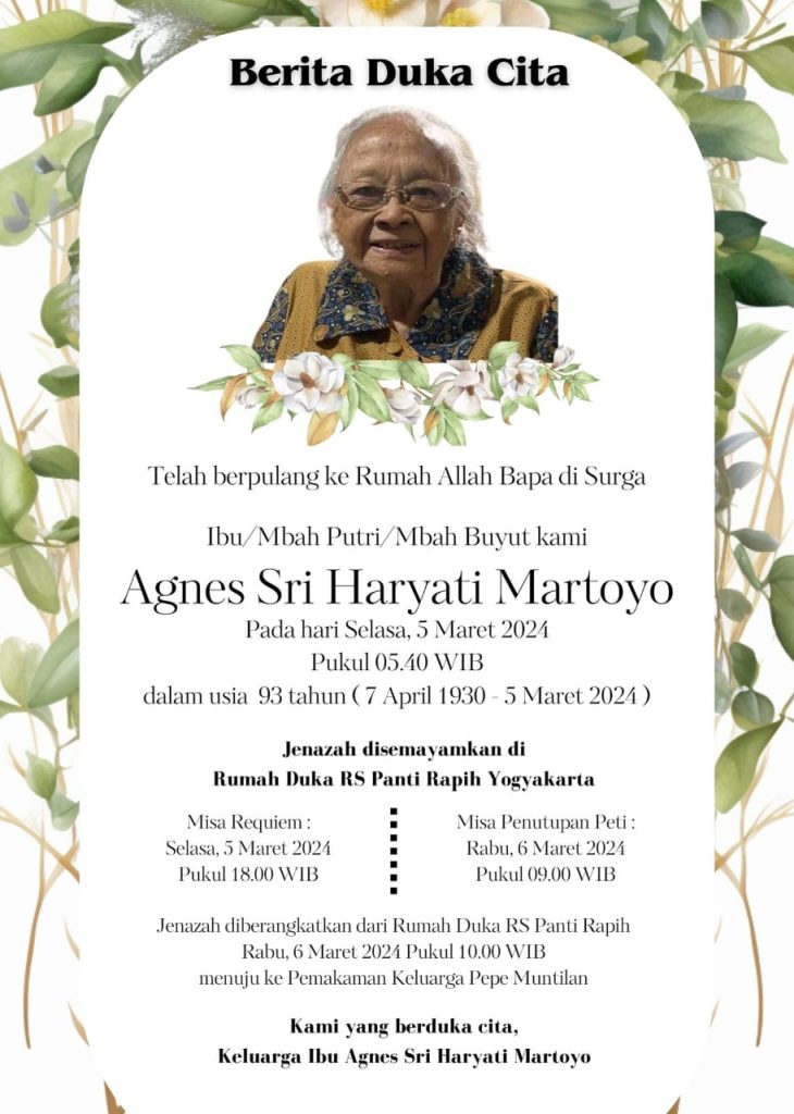 RIP Ny. Agnes Sri Haryati Martoyo (93), Ibunda Alm. Romo FA Martana Pr - SESAWI.NET